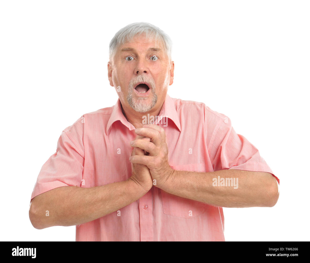 Scared elderly man on white background Stock Photo - Alamy