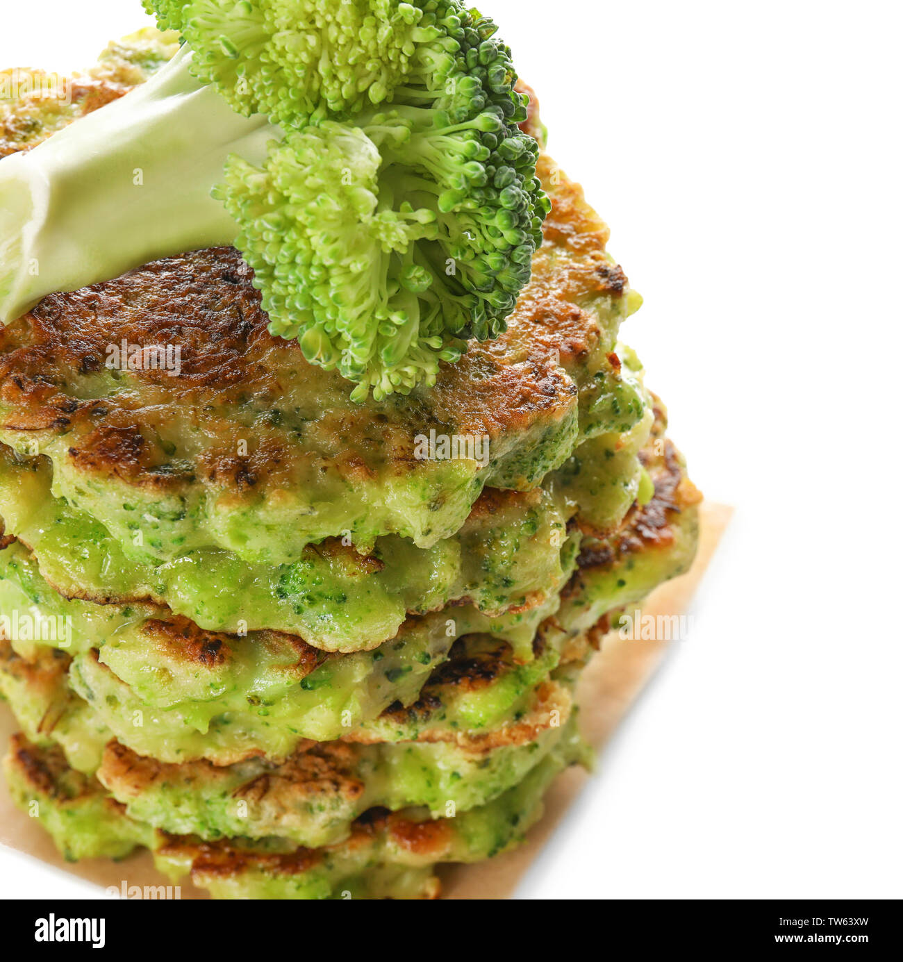 Delicious broccoli pancakes on white background, close up Stock Photo ...