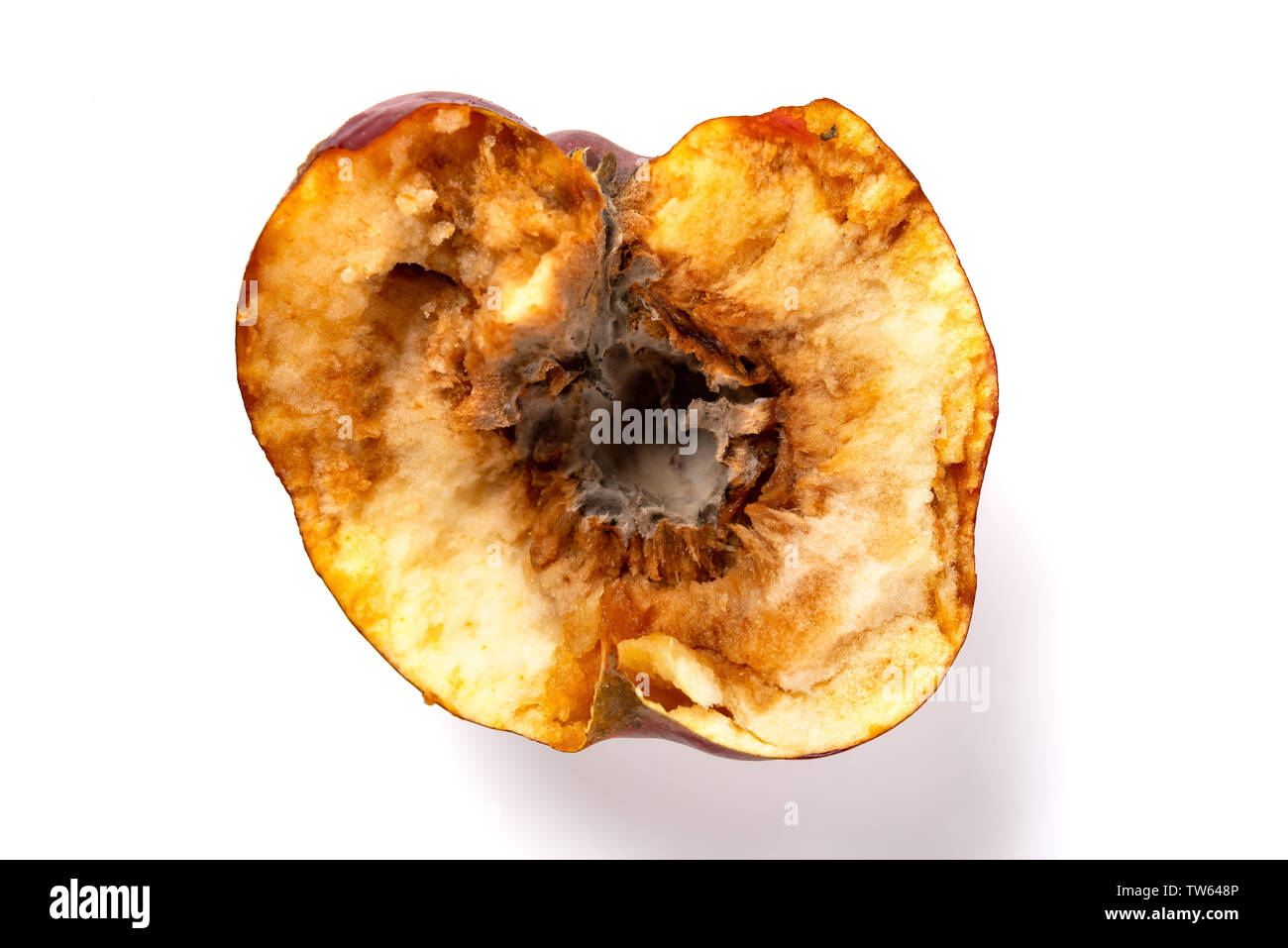 top view overripe apple with rotten core on white background Stock ...