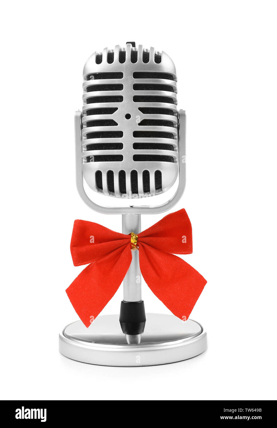 Microphone with bow on white background. Christmas music concept Stock ...