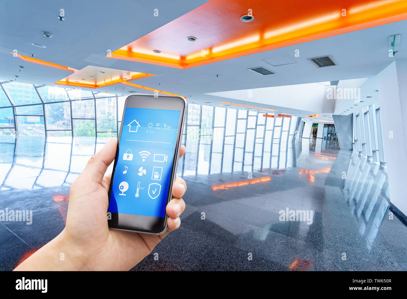 smart phone with smart home with modern corridor Stock Photo - Alamy