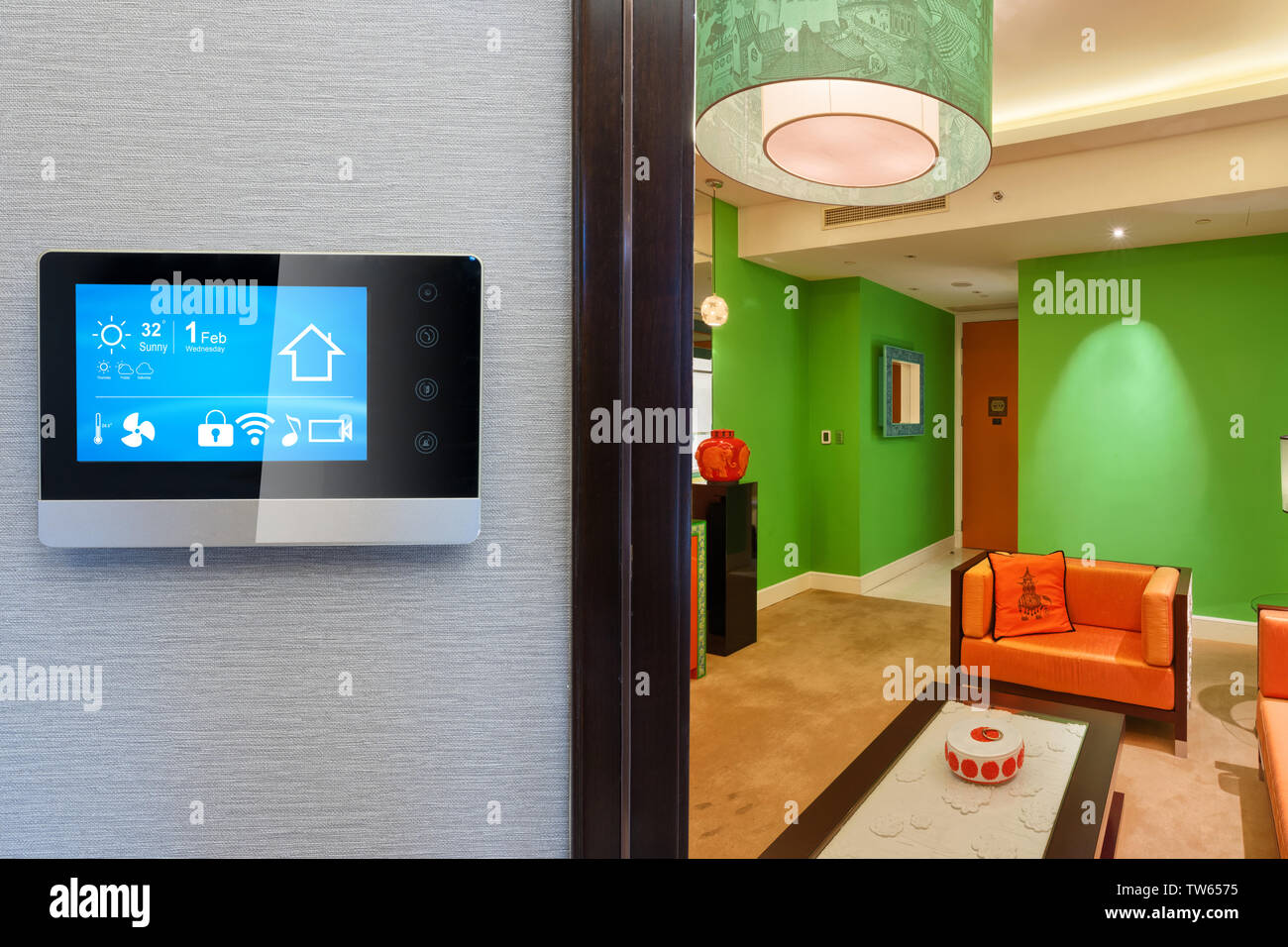 smart screen with smart home with modern living room Stock Photo - Alamy