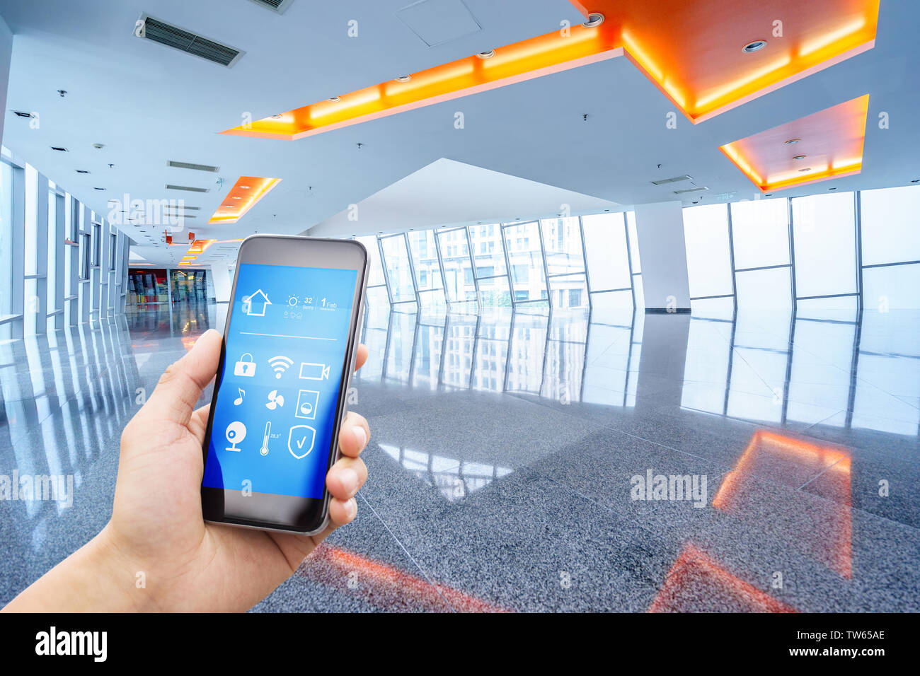 smart phone with smart home with modern corridor Stock Photo - Alamy