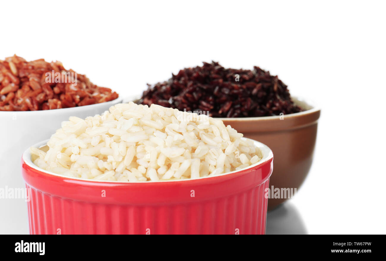 Bowls with brown rice, isolated on white Stock Photo - Alamy