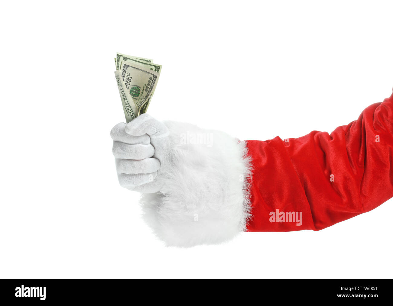 Santa Claus holding money on white background Stock Photo - Alamy