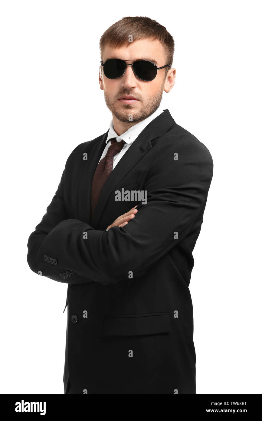 Handsome security guard on white background Stock Photo - Alamy