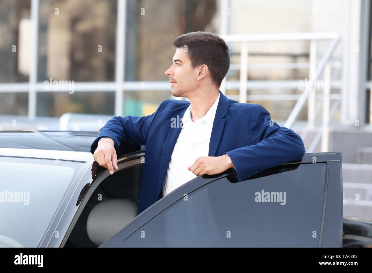 Young businessman standing near car Stock Photo - Alamy