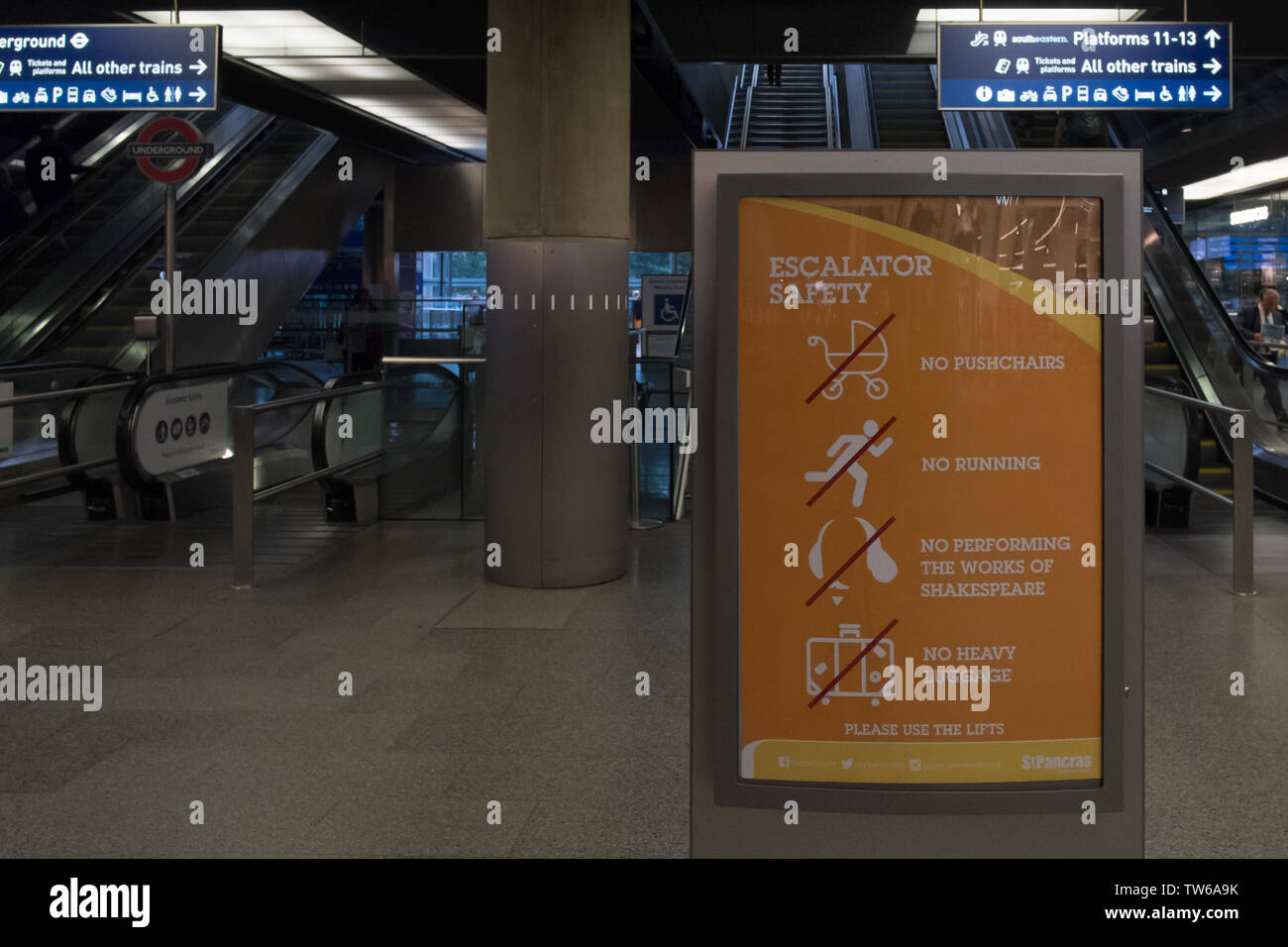 Funny London St Pancras train station sign that has usual escalator ...