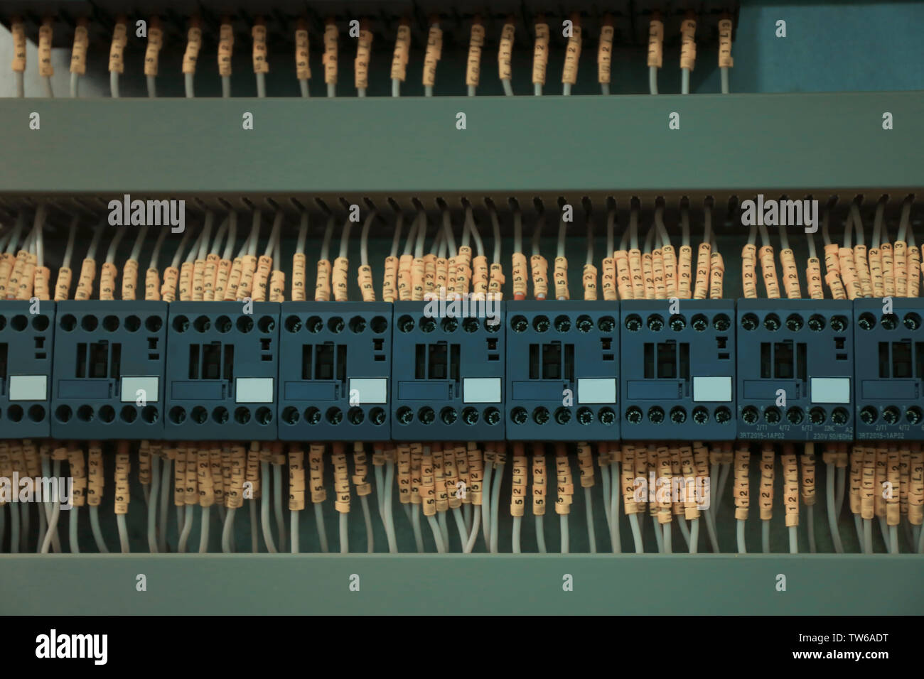 View of automatic circuit breakers in distribution board, closeup Stock ...
