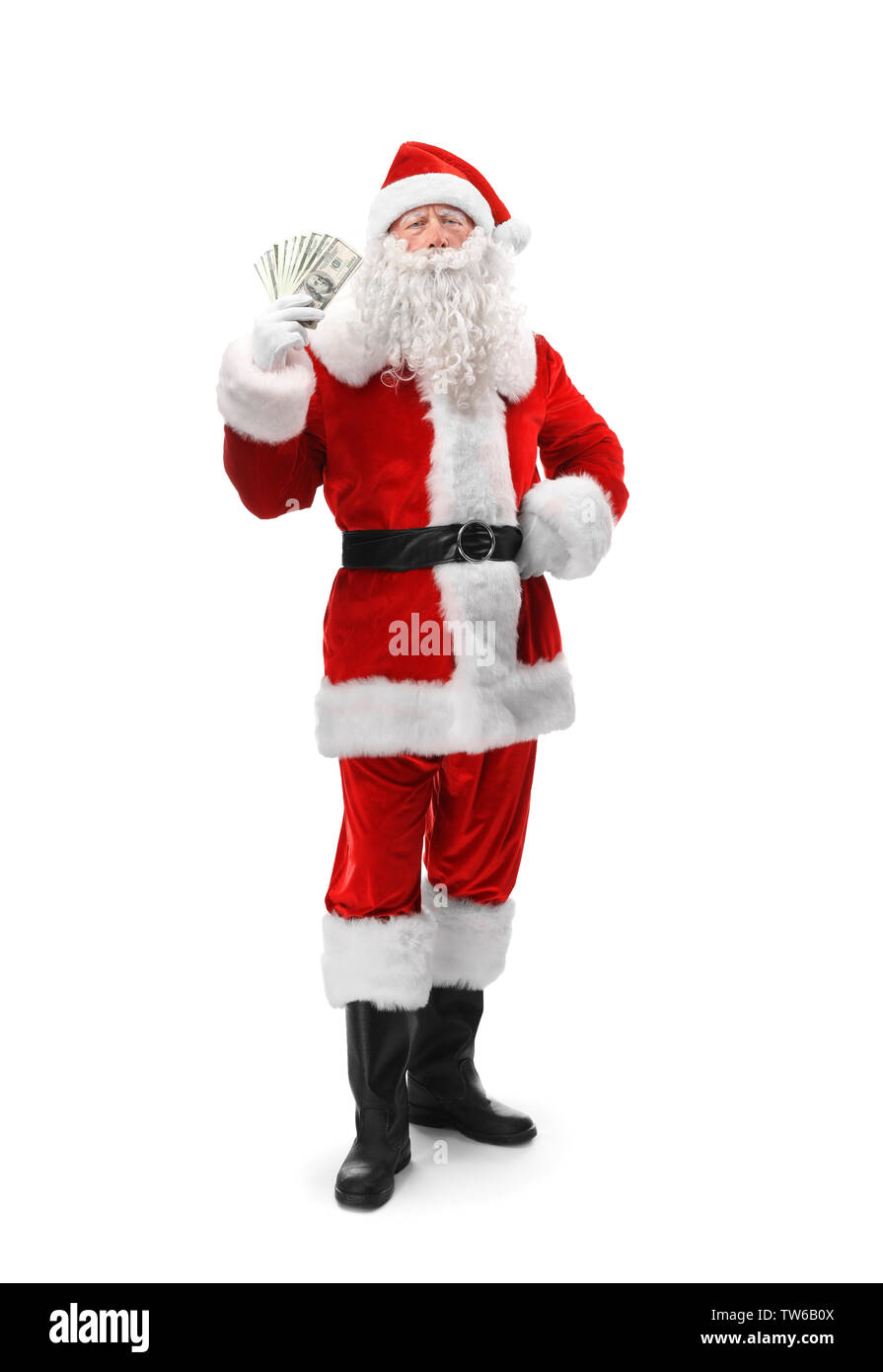 Santa Claus holding money on white background Stock Photo - Alamy