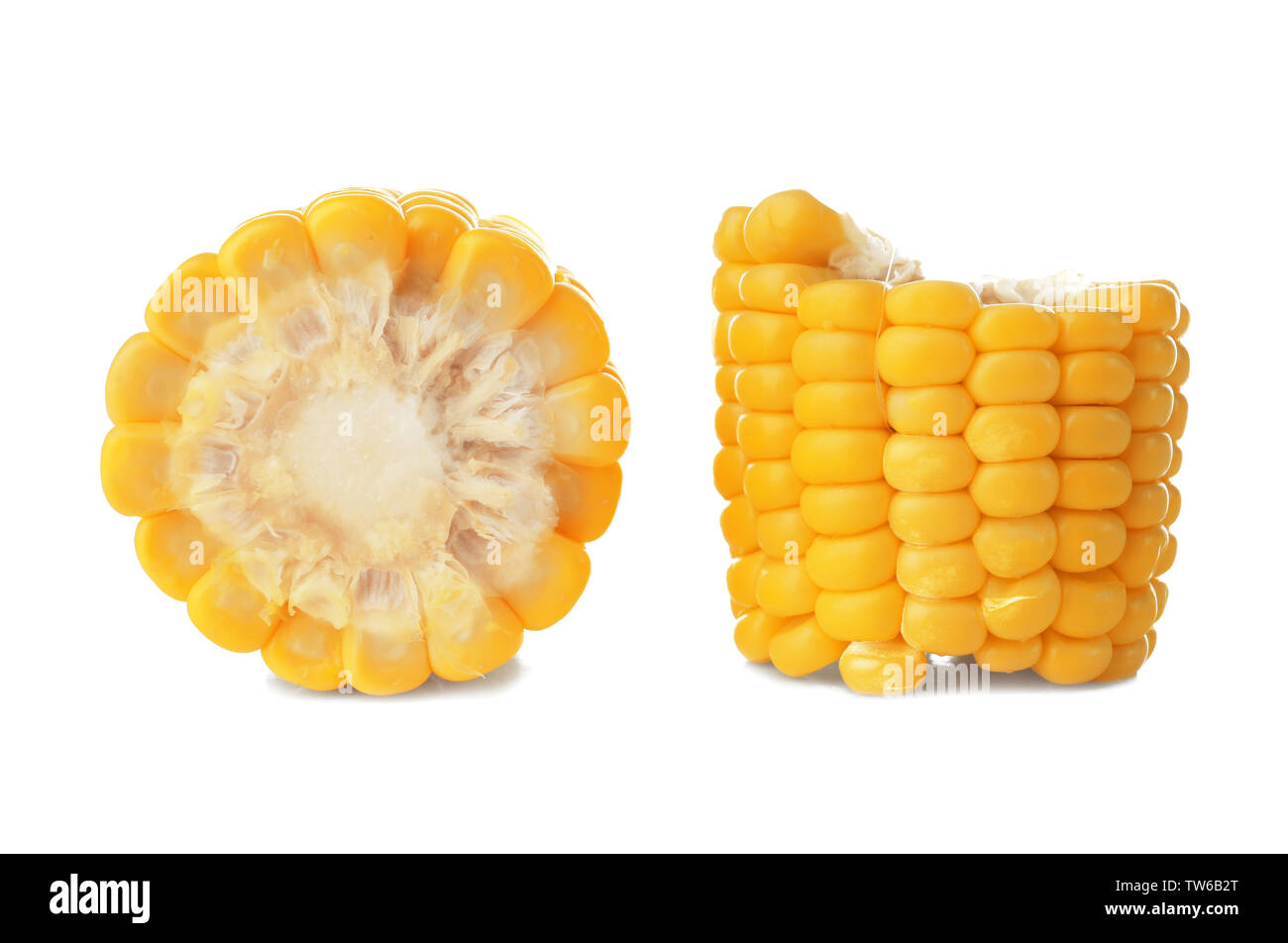 Pieces of ripe corn cob on white background Stock Photo - Alamy