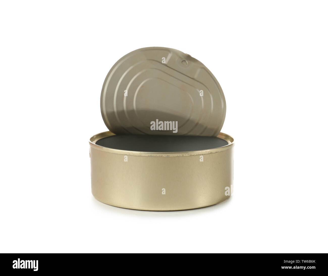 Opened tin can on white background Stock Photo - Alamy