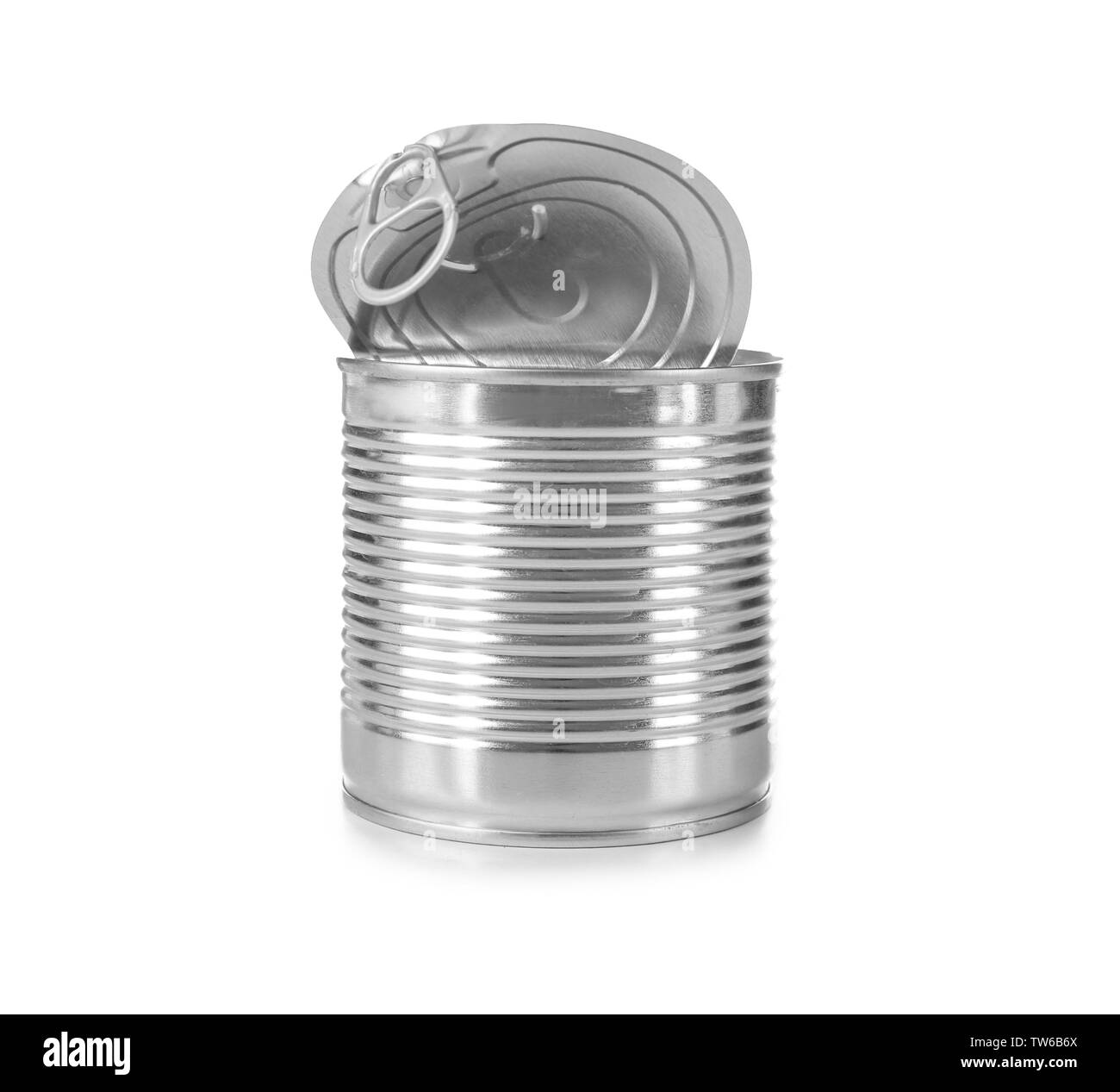 Opened tin can on white background Stock Photo - Alamy