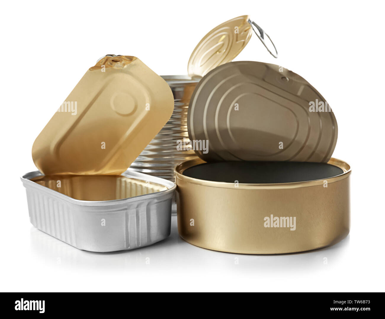 Opened tin containers on white background Stock Photo - Alamy