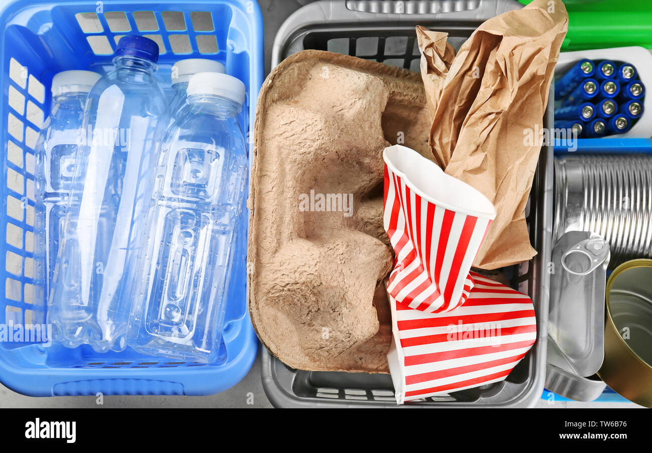 Many containers with garbage, top view Stock Photo - Alamy