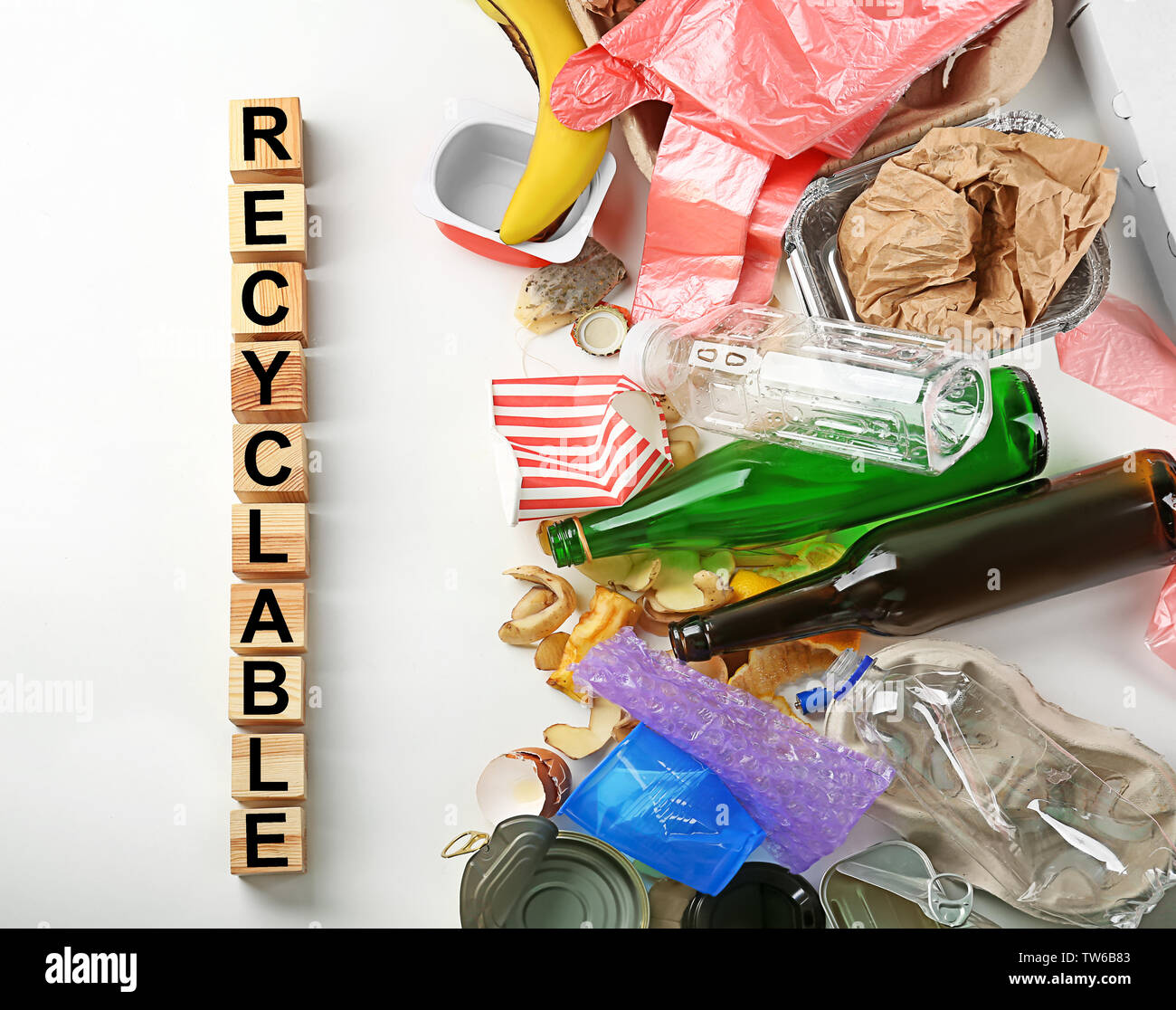Composition with garbage and word Recyclable on white background Stock ...