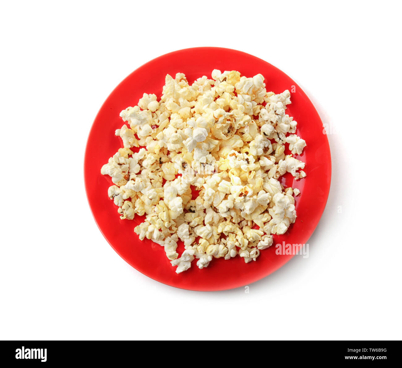 Plate with popcorn on white background Stock Photo - Alamy