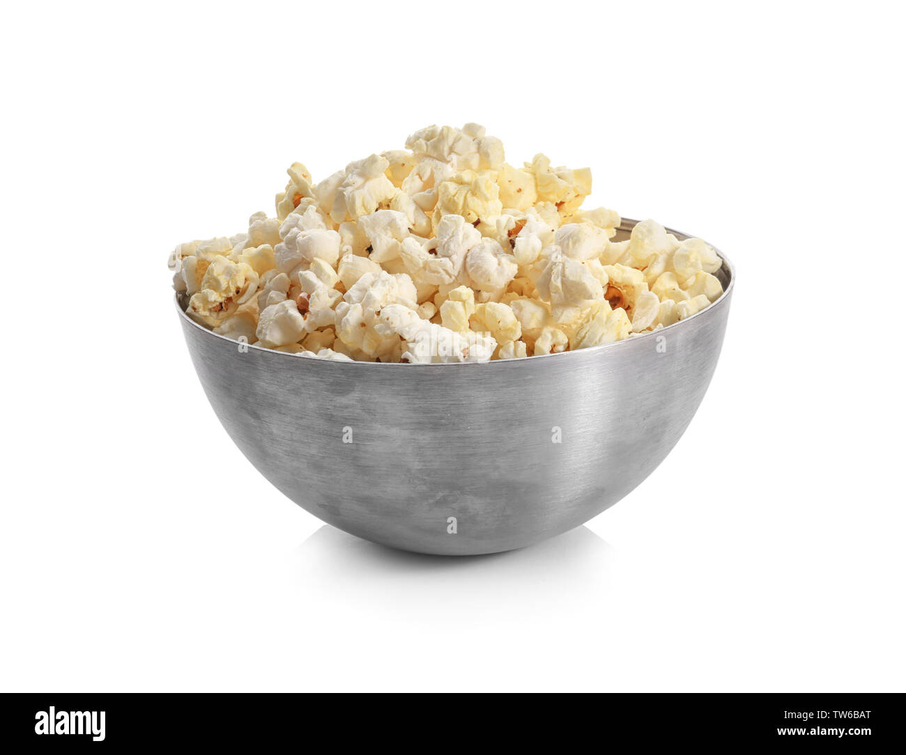 Metal bowl with popcorn on white background Stock Photo - Alamy