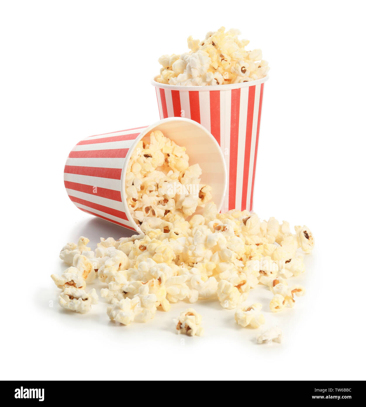 Two paper cups and popcorn on white background Stock Photo - Alamy