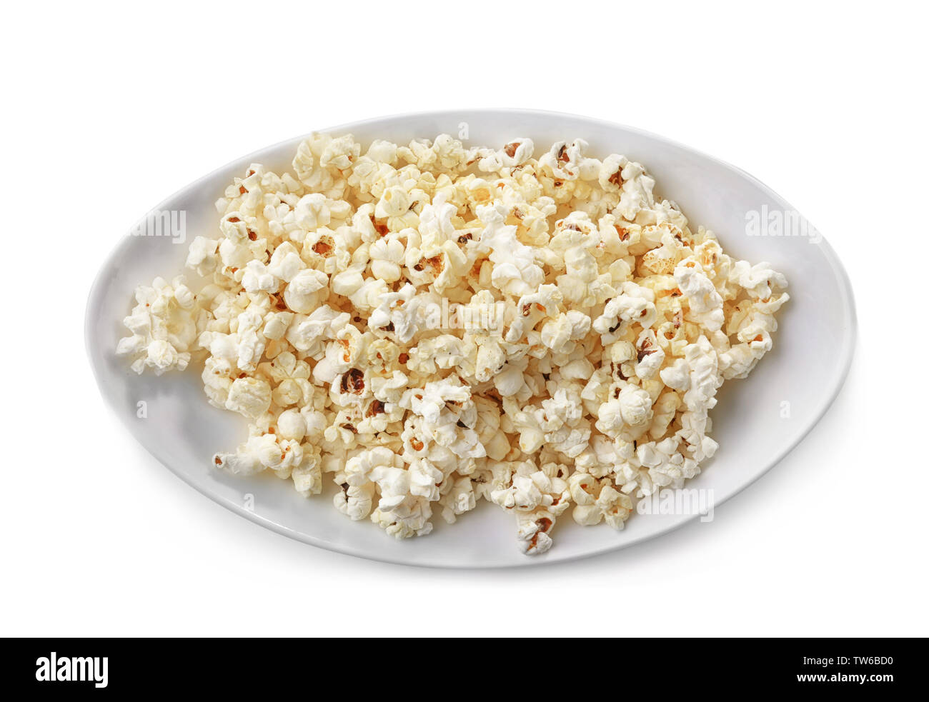 Plate with popcorn on white background Stock Photo - Alamy