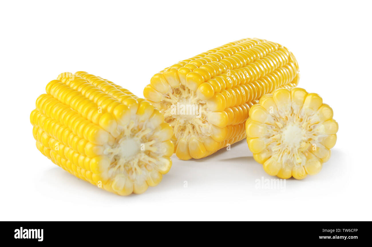 Pieces of fresh corn cob, isolated on white Stock Photo - Alamy