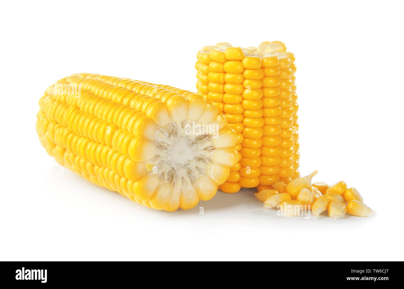 Pieces of fresh corn cob, isolated on white Stock Photo - Alamy