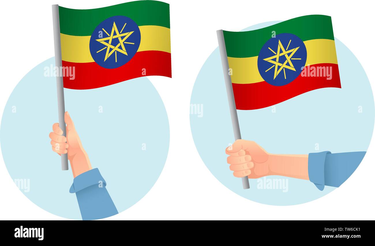 Ethiopia flag in hand. Patriotic background. National flag of Ethiopia ...