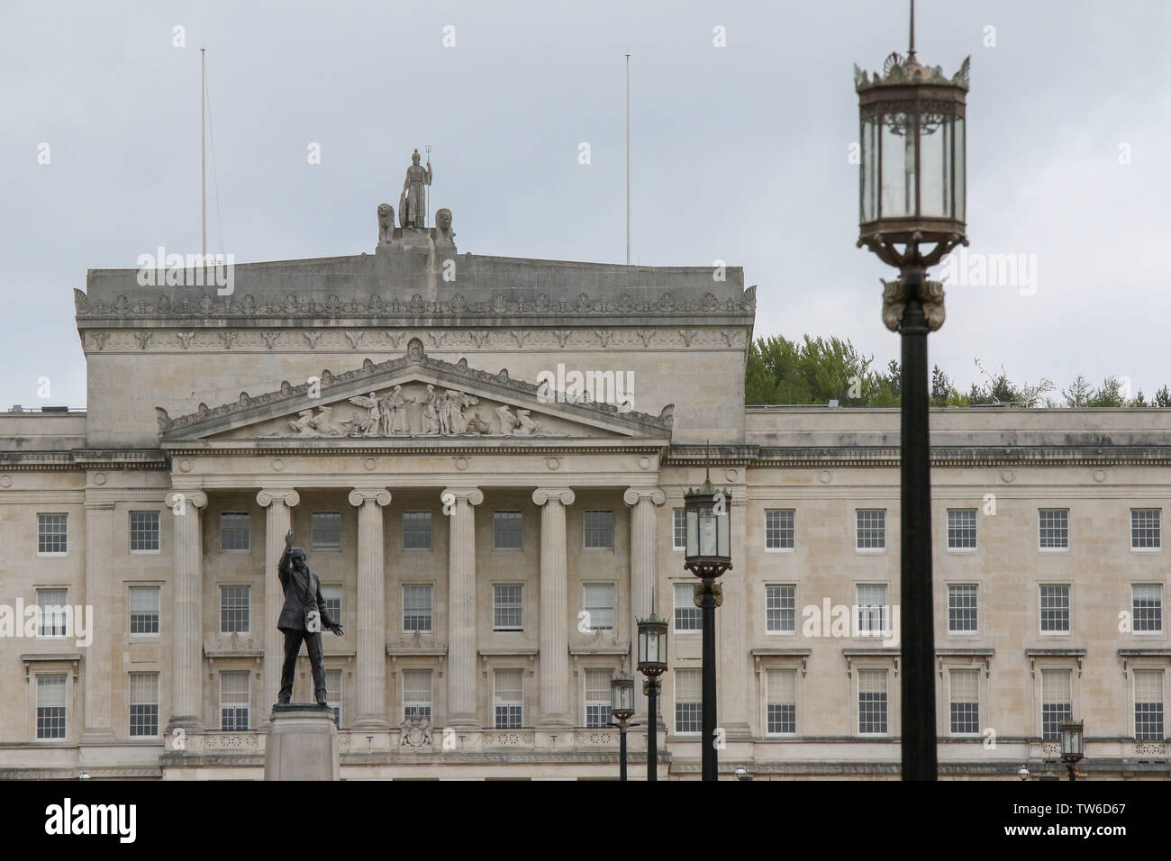 Zoomed view of the front of Stormont Belfast with the statue of Sir ...