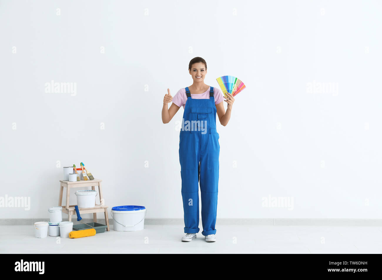 Female decorator holding color palette samples near white wall indoors ...