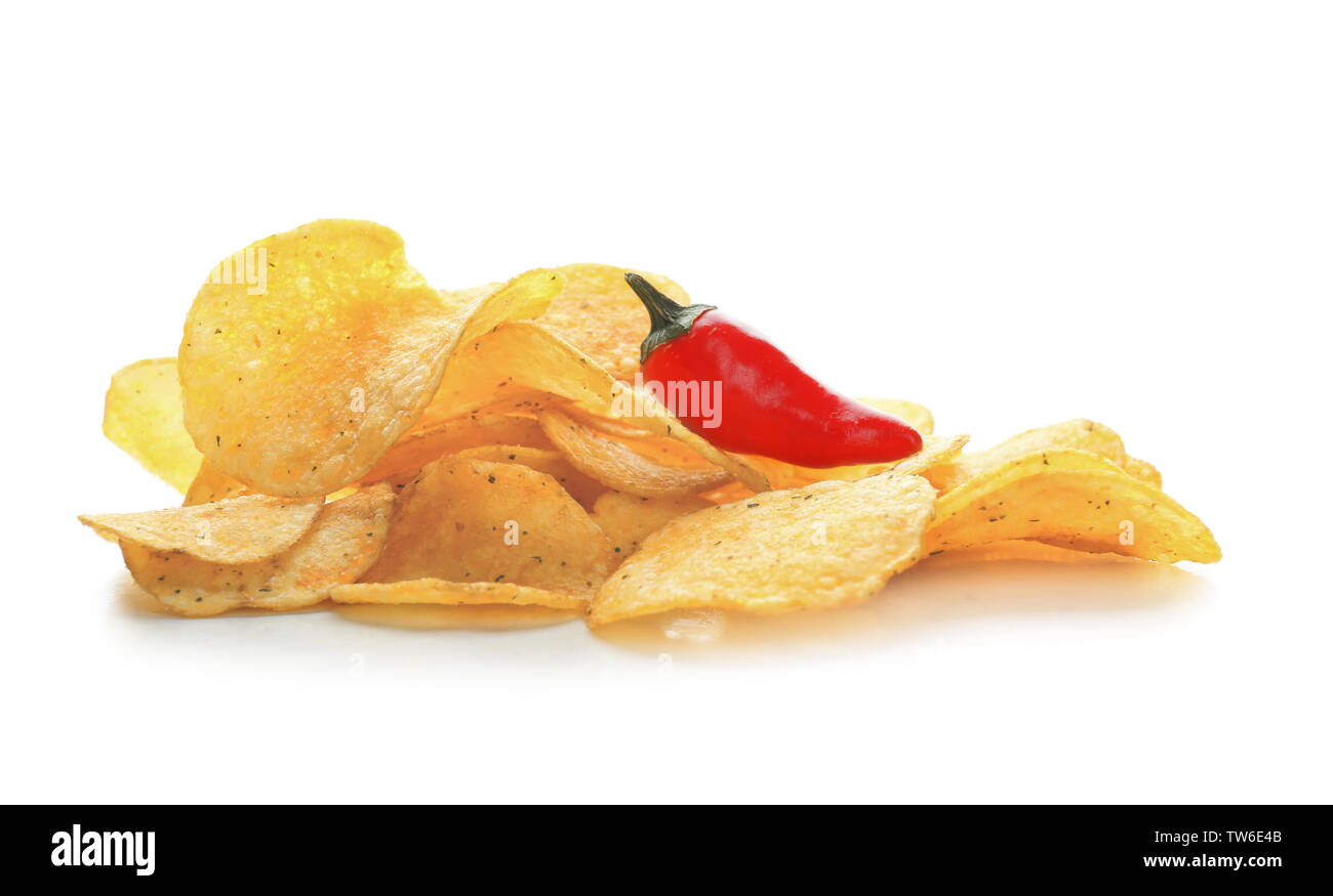 Potato chips with chili pepper on white background Stock Photo - Alamy