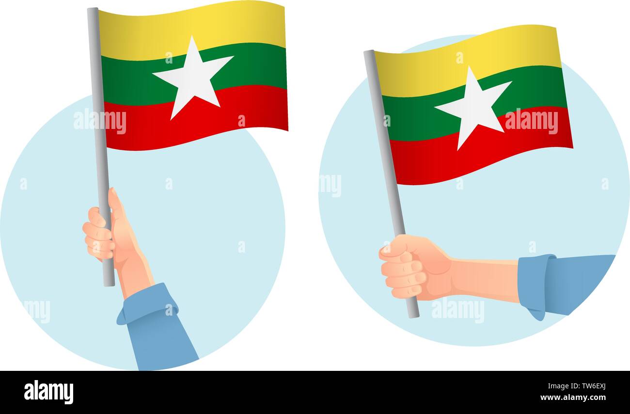 Myanmar flag in hand. Patriotic background. National flag of Myanmar ...