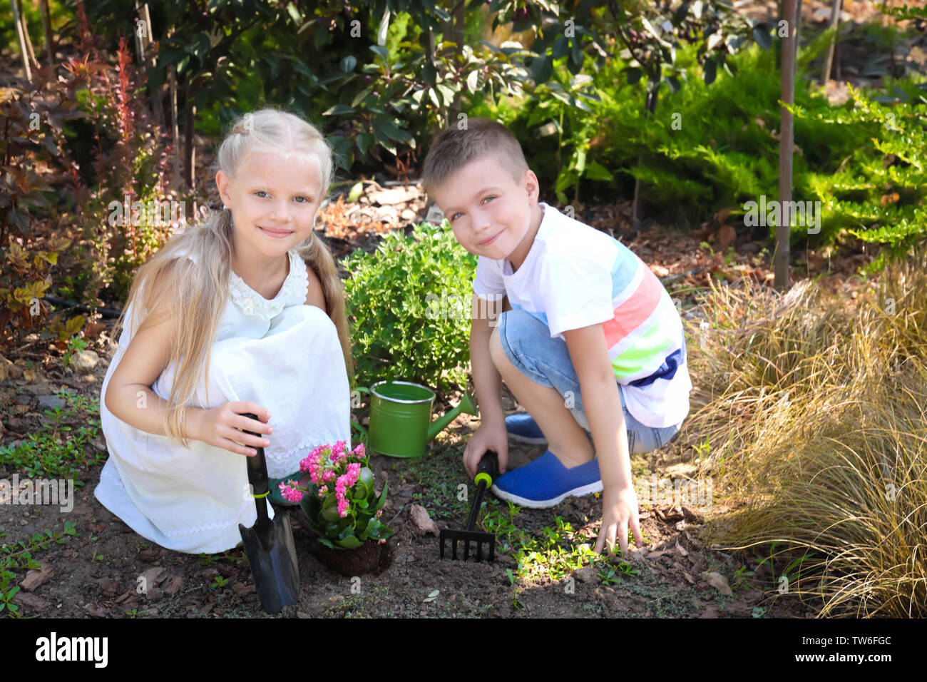 Cute little children planting flowers in garden Stock Photo - Alamy
