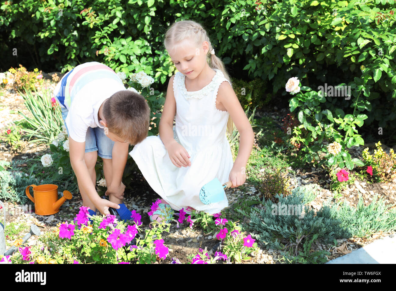 Cute little children planting flowers in garden Stock Photo - Alamy