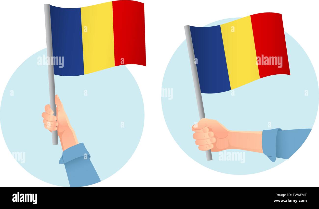 Romania flag in hand. Patriotic background. National flag of Romania ...