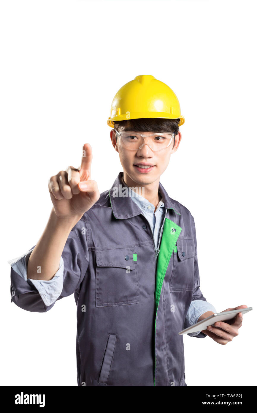 pose and gesture of young asian technician on white background Stock ...