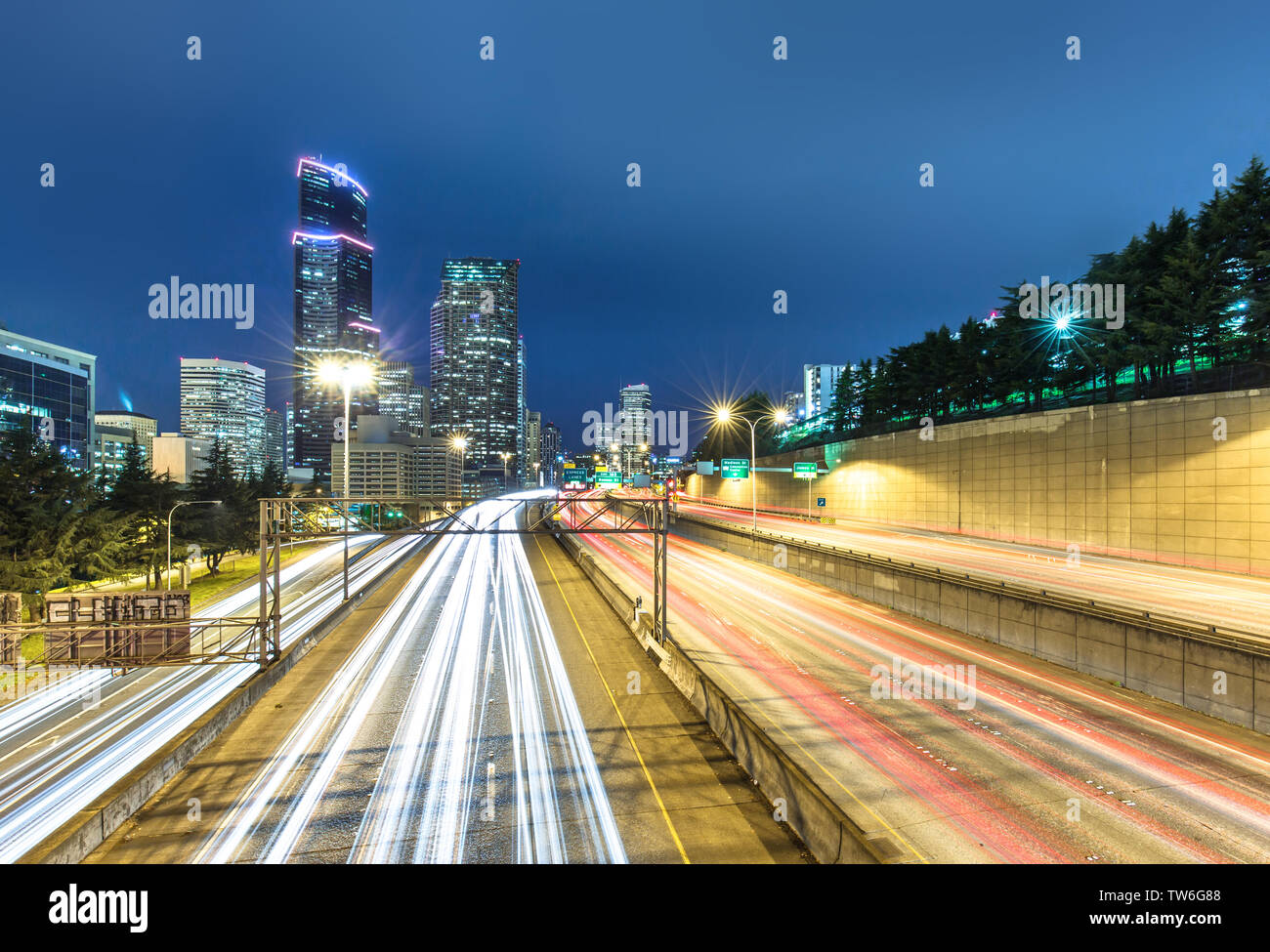 traffic on road and cityscape and skyline of seattle Stock Photo - Alamy