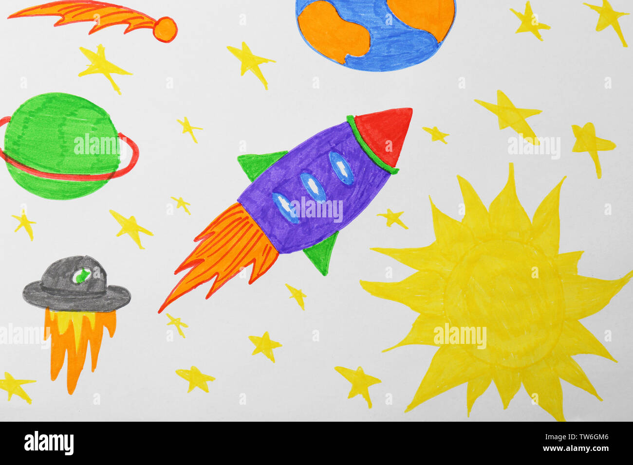 Child's drawing of rocket in space Stock Photo - Alamy