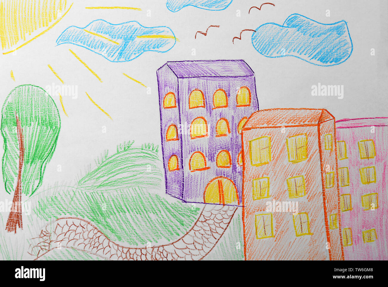 Child's drawing of buildings in city Stock Photo - Alamy