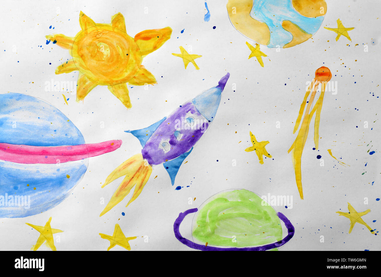 Child's painting of rocket in space Stock Photo - Alamy