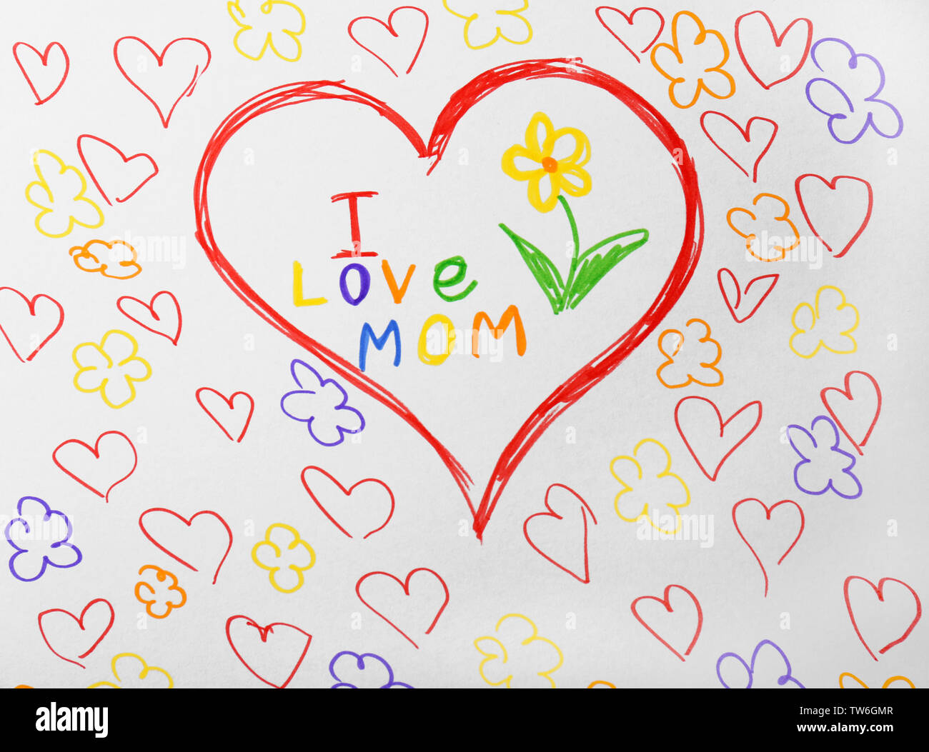 Child's drawing with words "I love mom" inside heart Stock Photo - Alamy
