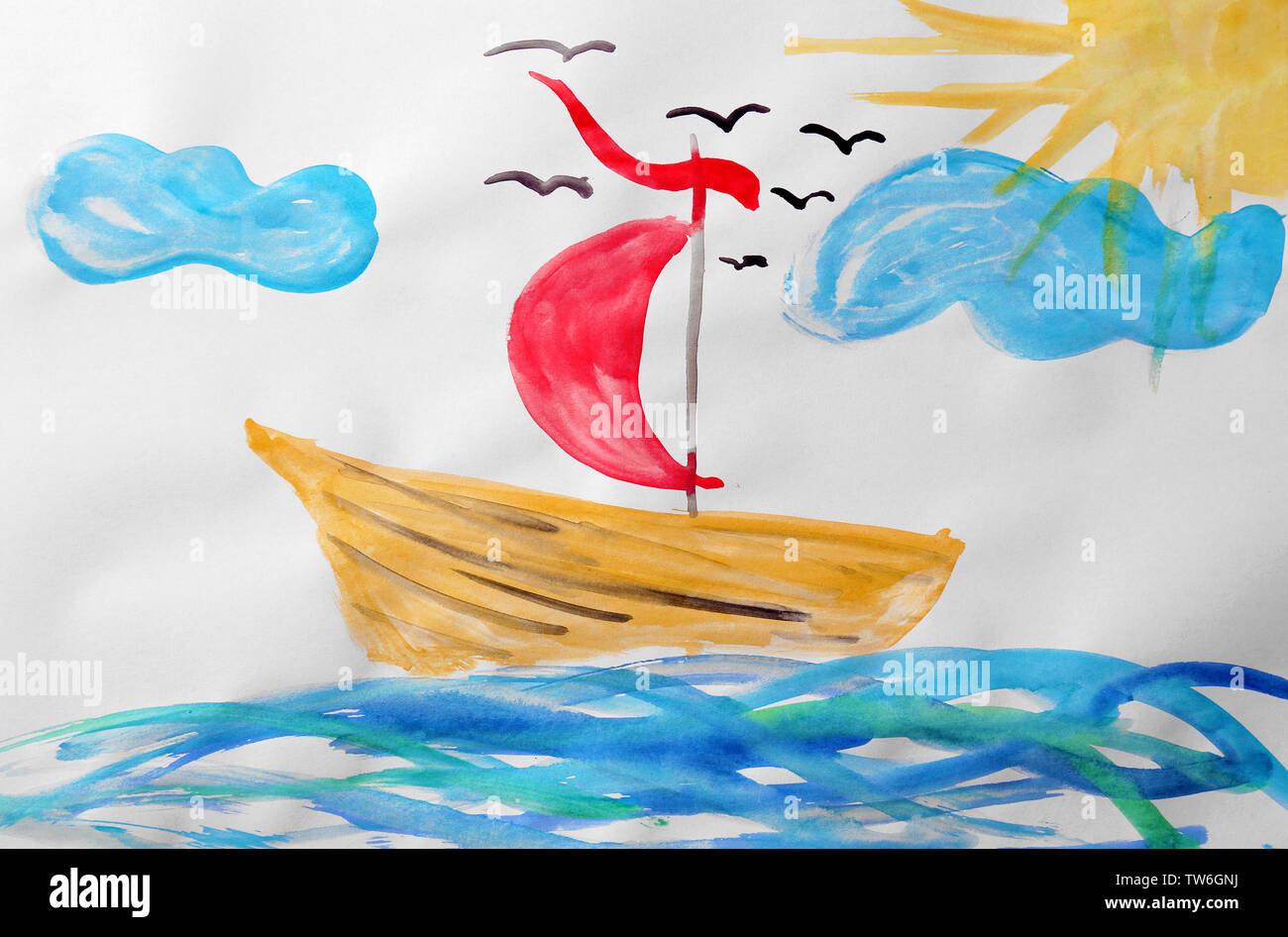 Child's painting of ship in sea Stock Photo - Alamy