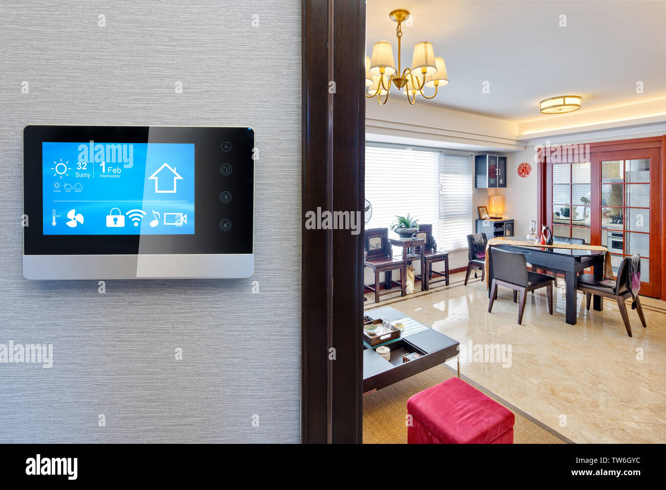 smart screen with smart home with modern living room Stock Photo - Alamy