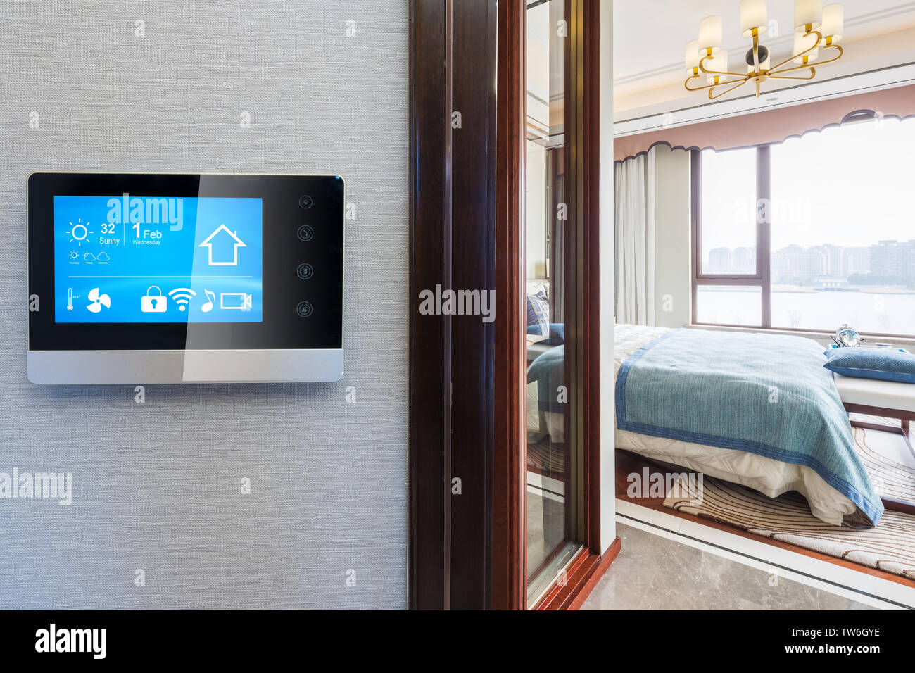 smart screen with smart home with modern bedroom Stock Photo - Alamy