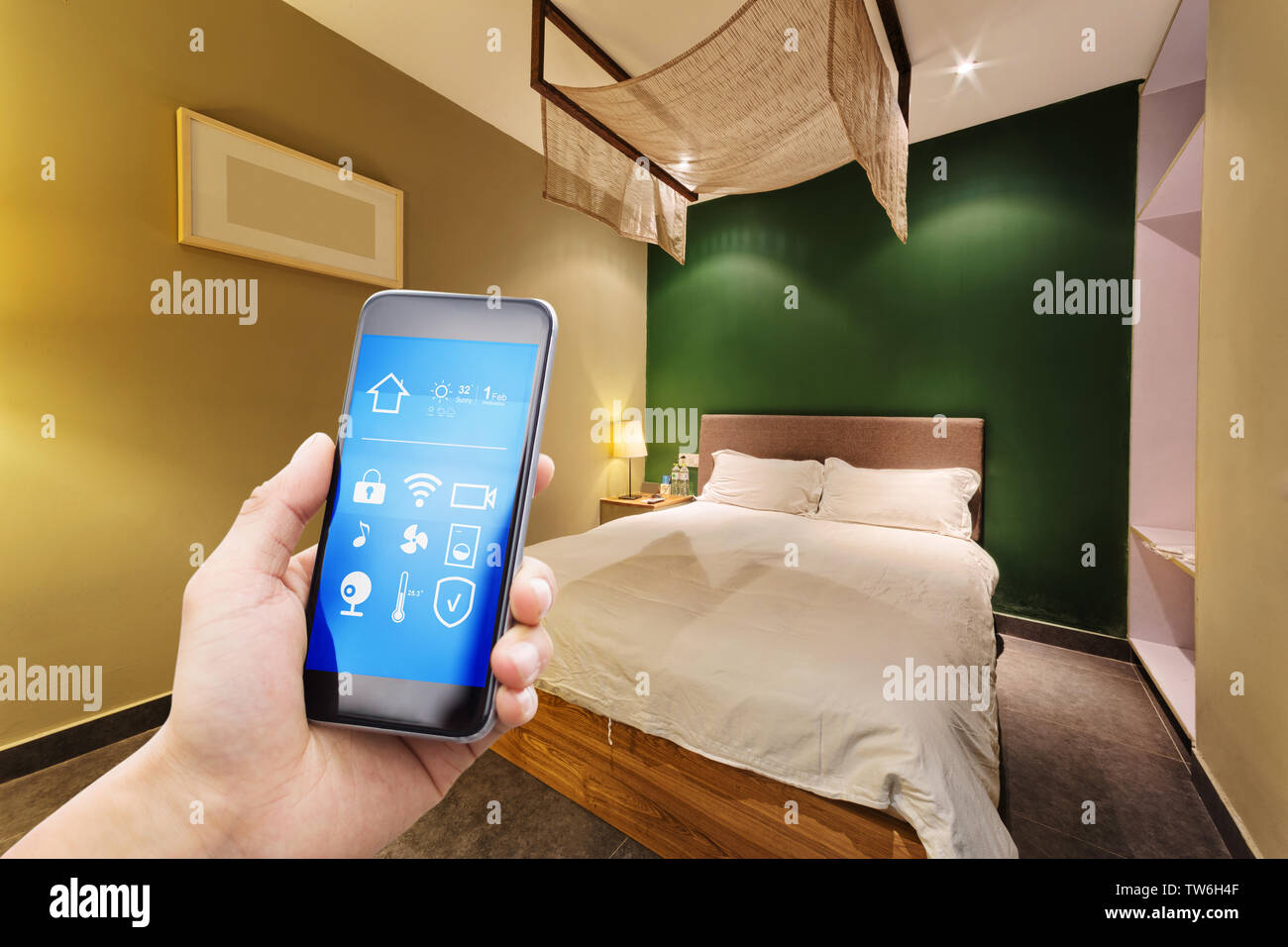 smart phone with smart home with modern bedroom Stock Photo - Alamy