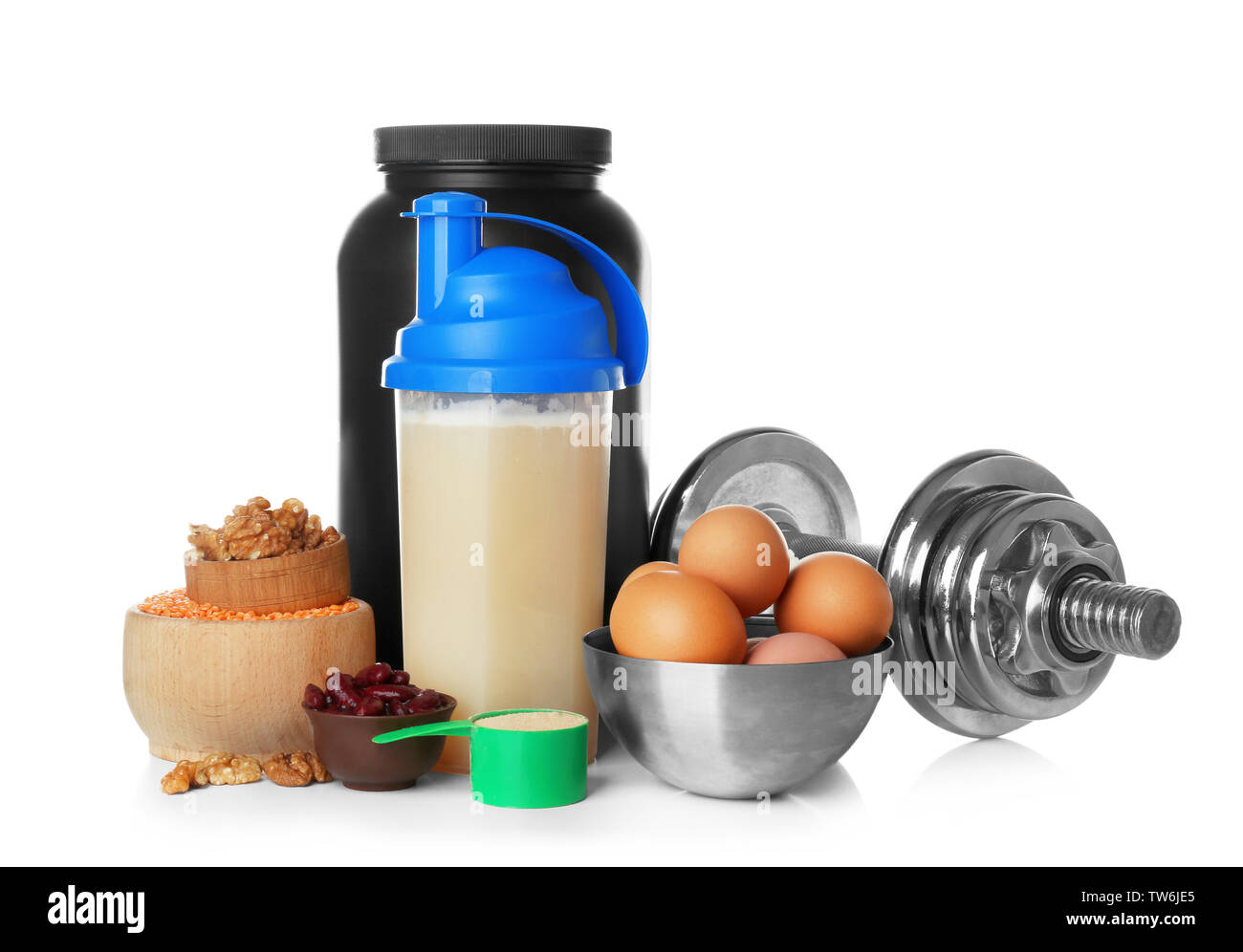 High protein food, powder and shake on white background Stock Photo - Alamy