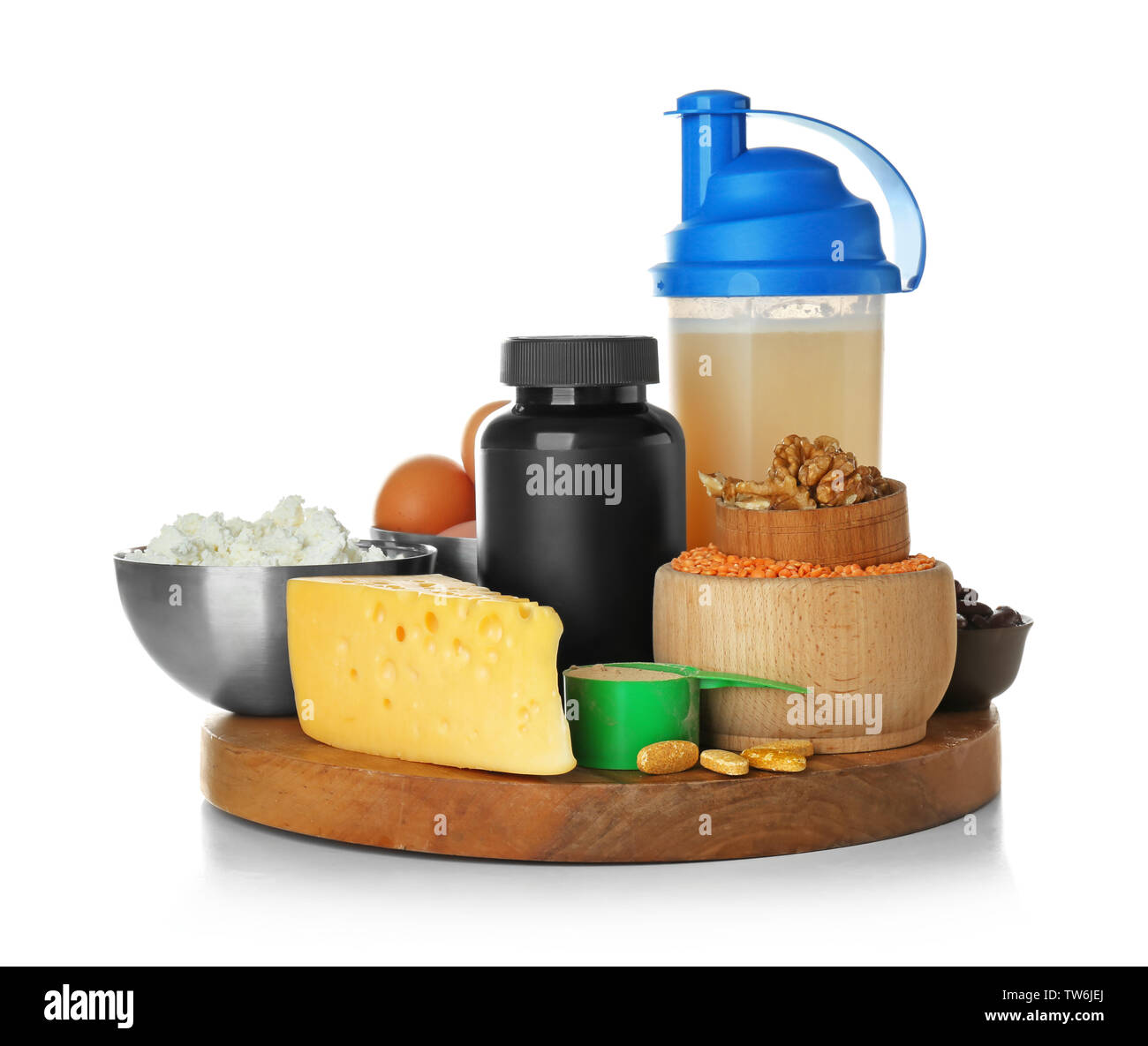 High protein food, powder and shake on white background Stock Photo - Alamy