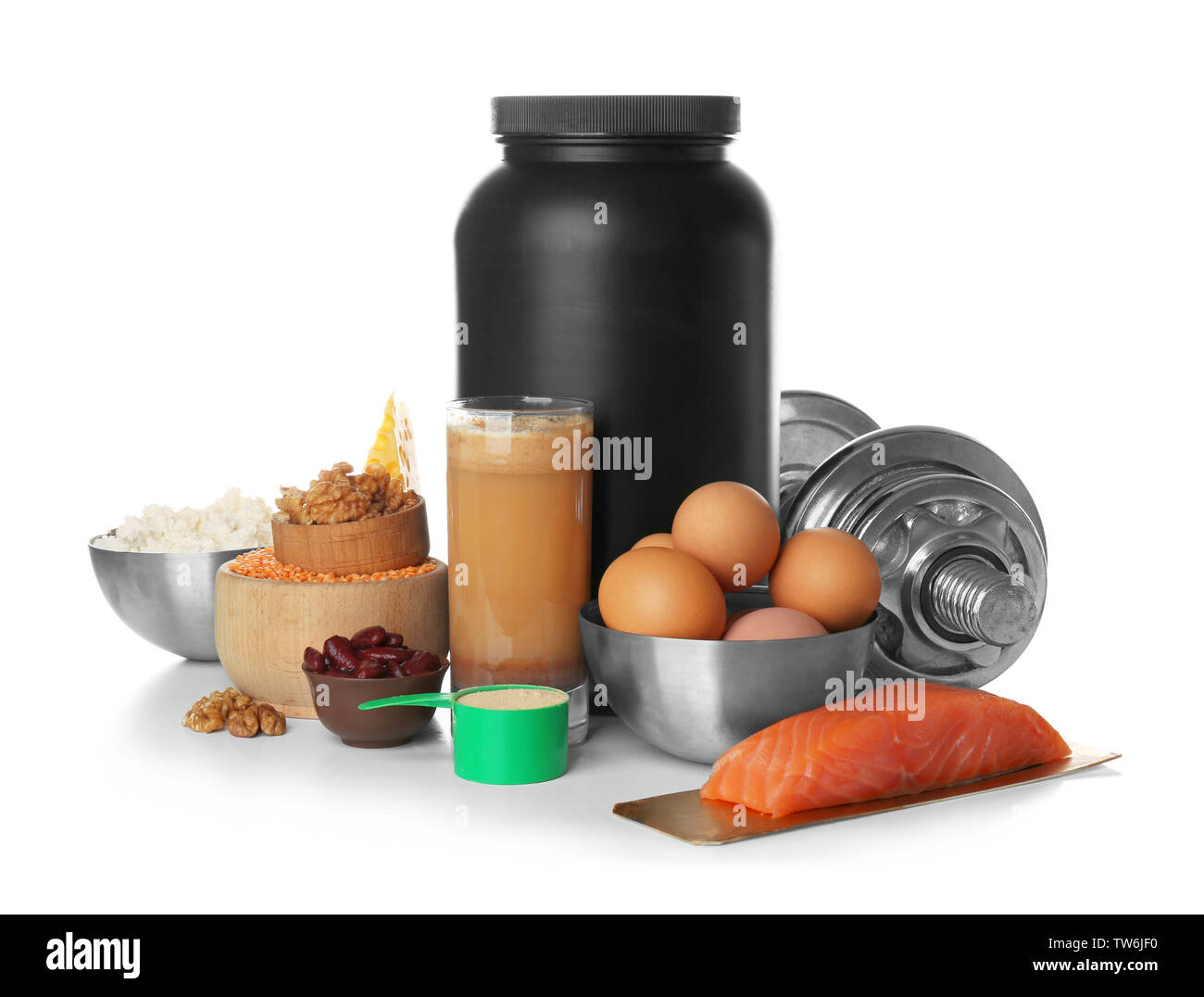High protein food, powder and shake on white background Stock Photo - Alamy