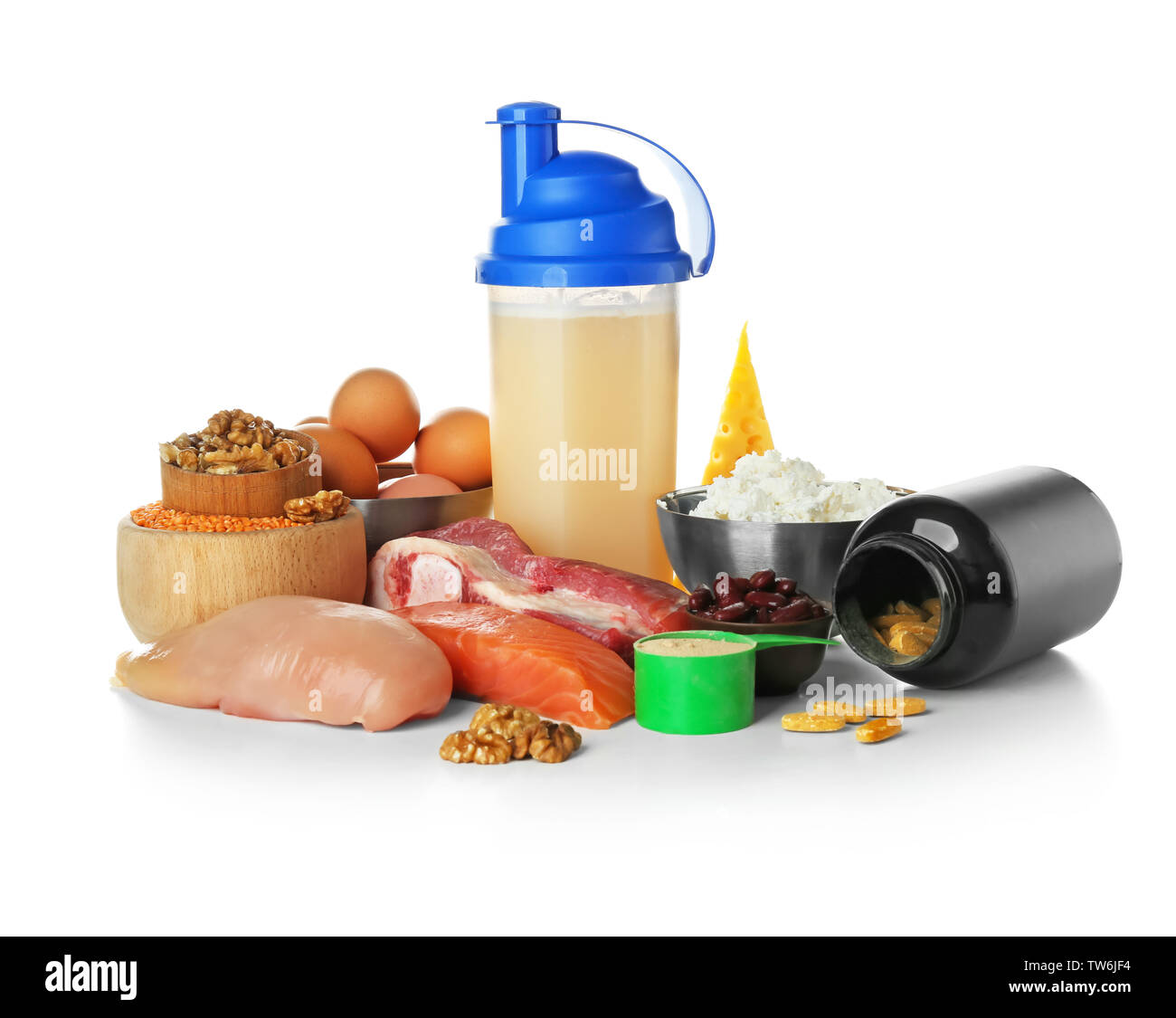 High protein food, powder and shake on white background Stock Photo - Alamy