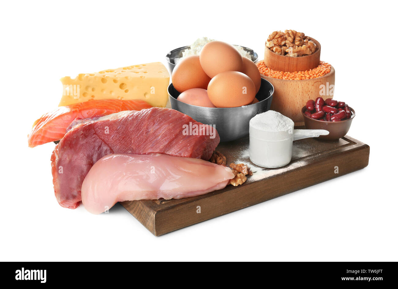 High protein food and powder on white background Stock Photo - Alamy