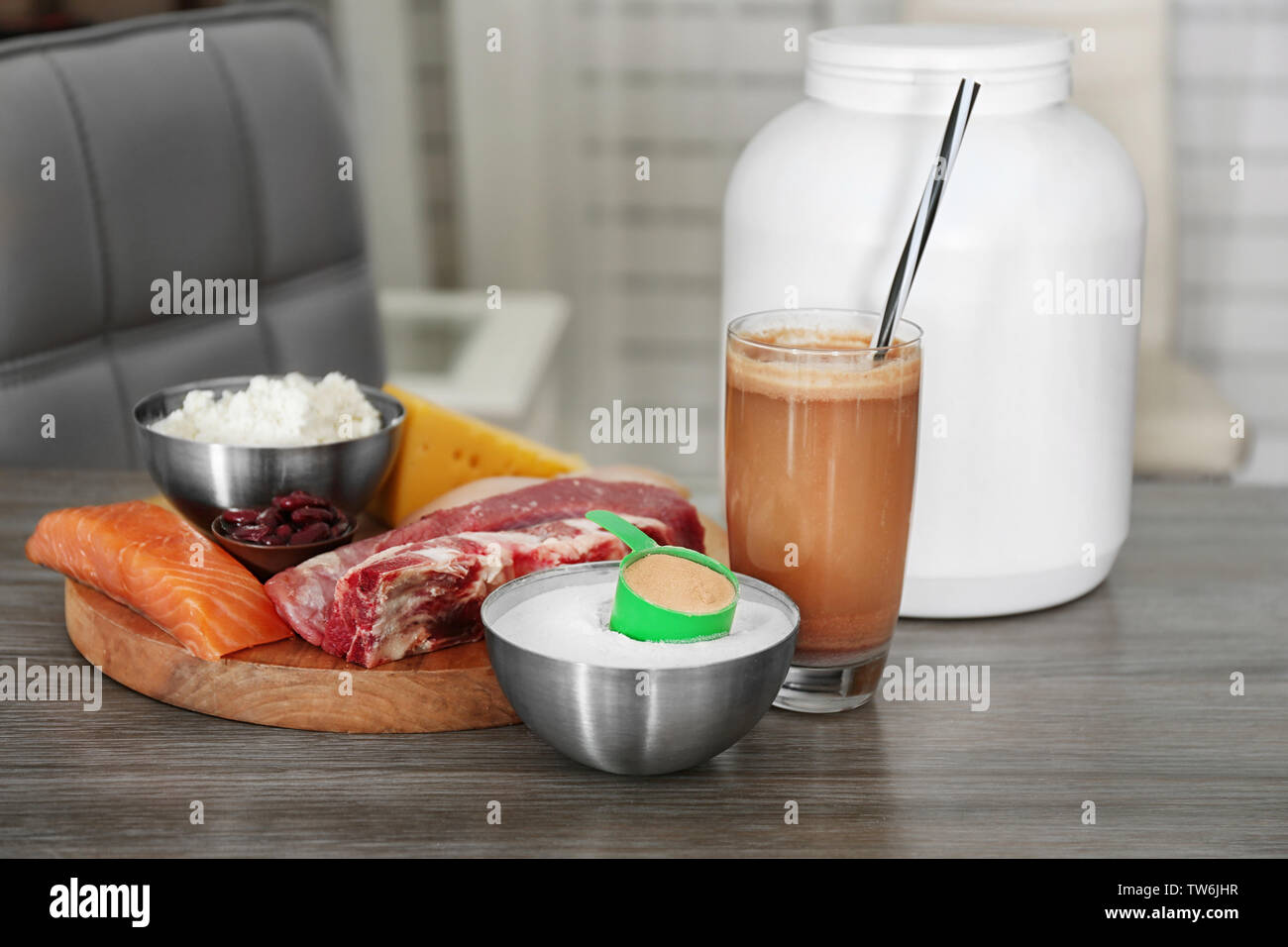 Composition with high protein food, powder and shake on table Stock ...